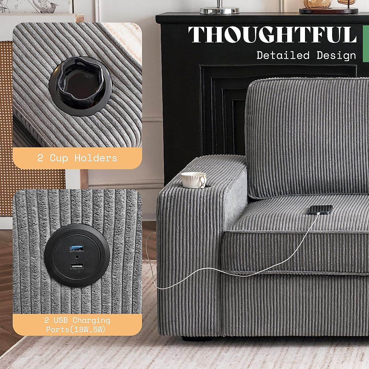 AMERLIFE Couch, 89 inch Sofa Couch- Deep Seat Sofa with 2 USB Charging Ports & 2 Cup Holders, 3 Seater Couch with Grey Corduroy, Modern Sofas for Living Room