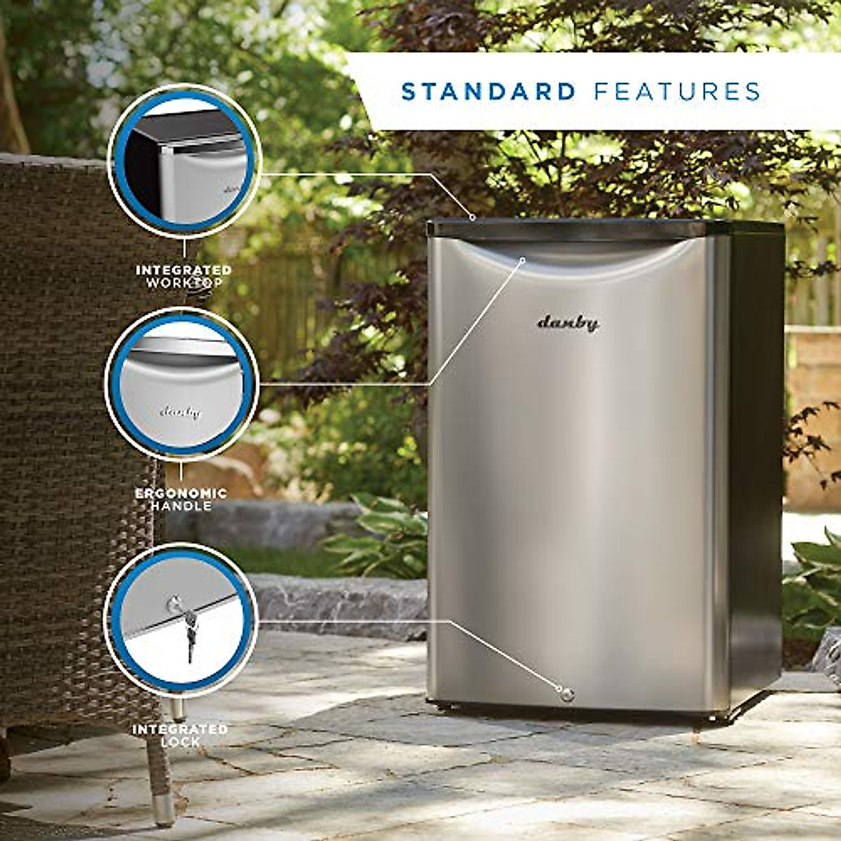 Danby DAR044A6BSLDBO 4.4 Cu.Ft. Outdoor Mini Fridge, IPX4-Rated Stainless Steel Look All Refrigerator for Patio, Cabana, Pool Bar, E-Star Rated, Spotless Steel