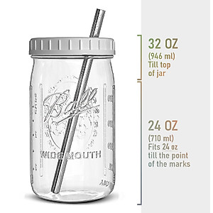 Reusable Wide Mouth Smoothie Cups Boba Tea Cups Bubble Tea Cups with Lids and Silver Straws Mason Jars Glass Cups (2-pack, 32 oz mason jars)