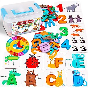 Catcrafter ABC Flash Cards Toddler Toys - Alphabet Number Clock Wooden Letter Puzzle Matching Game Montessori Preschool Educational Toys for Kids Boys Girls Ages 1-3 4+ (36 Cards & 36 Blocks Included)