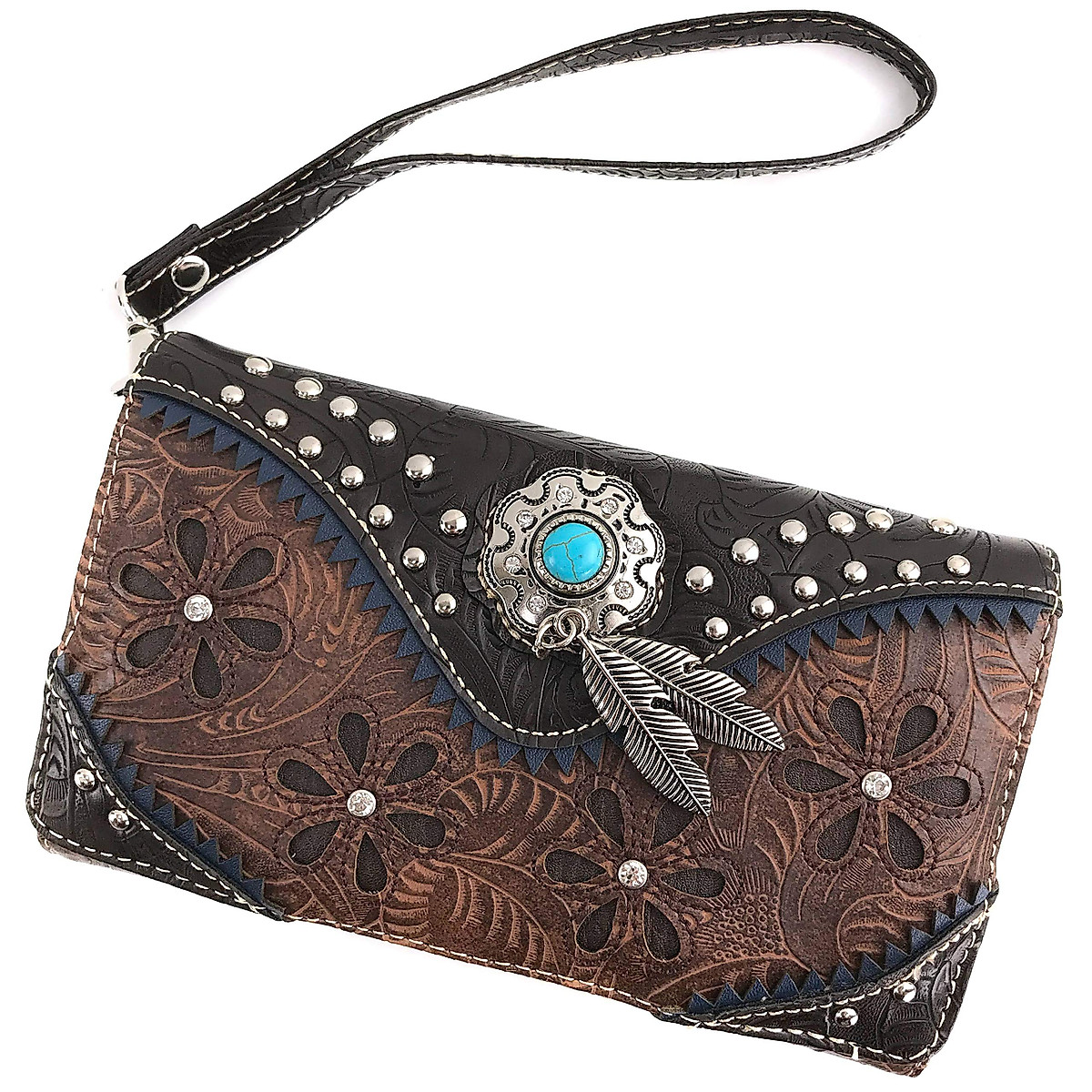 Turquoise Concho Feather Conceal Carry Hobo Handbag Crossbody Wallet Set Brown