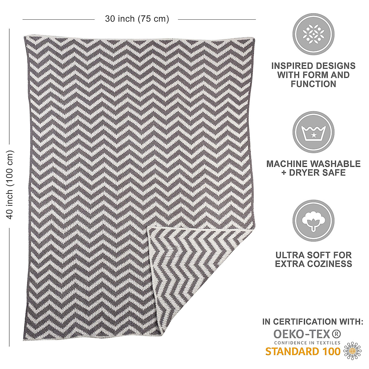 Living Textiles Chevron Chenille Soft Baby Blanket PREMIUM Cozy Fabric for BEST COMFORT - For Infant,Toddler,Newborn,Nursery,Boy,Girl,Unisex,Throw,Crib,Stroller,Gift, Grey Chevron 40x30