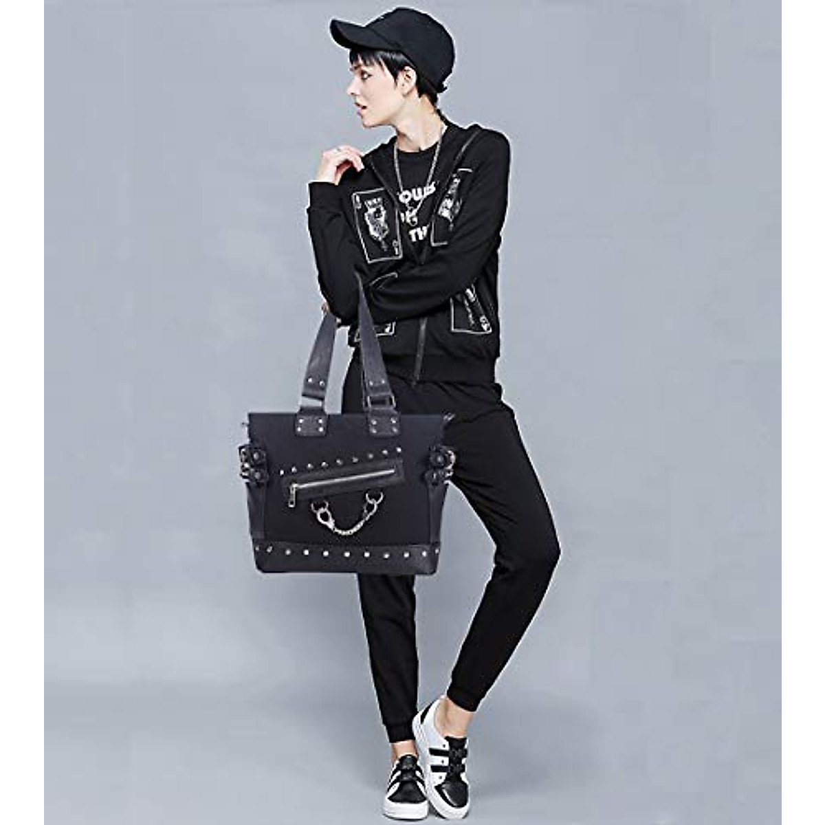 Women Fashion Rivet Handbag Purse Canvas Punk Tote with Shoulder Strap Crossbody Bag Large Capacity Black (Black)