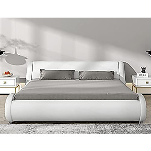 SHA CERLIN Full Size Bed Frame Luxury Wave-Like Modern Upholstered Low Profile Platform Bed, Faux Leather Sleigh Bed with Adjustable Headboard, No Box Spring Needed, White