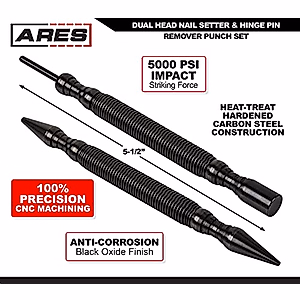 ARES 10012 – 2-Piece Dual Head Nail Setter & Hinge Pin Remover Punch Set – Nail Setter Features 1/32-Inch (#1) and 1/16-Inch (#2) Dual Head Design – CNC-Precision Machined - 5000 PSI Striking Force