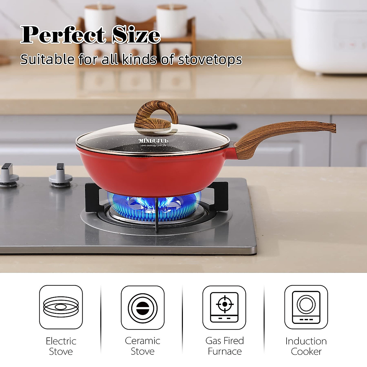 Minluful 11 Inch Nonstick Deep Frying Pan with Lid, Ceramic-Coated Skillet Wok Saute Pan with Wooden Handle