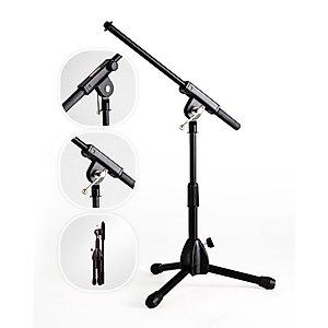 Stage Rocker Foldable Tripod Low-Profile Mic Boom Stand - Height Extending from 9.6'' to 16.9'', w/Adjustable Telescoping Arm Up to 9'', Lightweight/Convenient, Black, Powered by Hamilton(SR610121B)