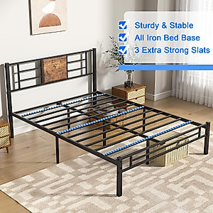 VECELO Full Size Bed Frame with Headboard, Heavy-Duty Platform with Steel Slats Support, No Box Spring Needed/Easy Assembly, Matte Black & Brown