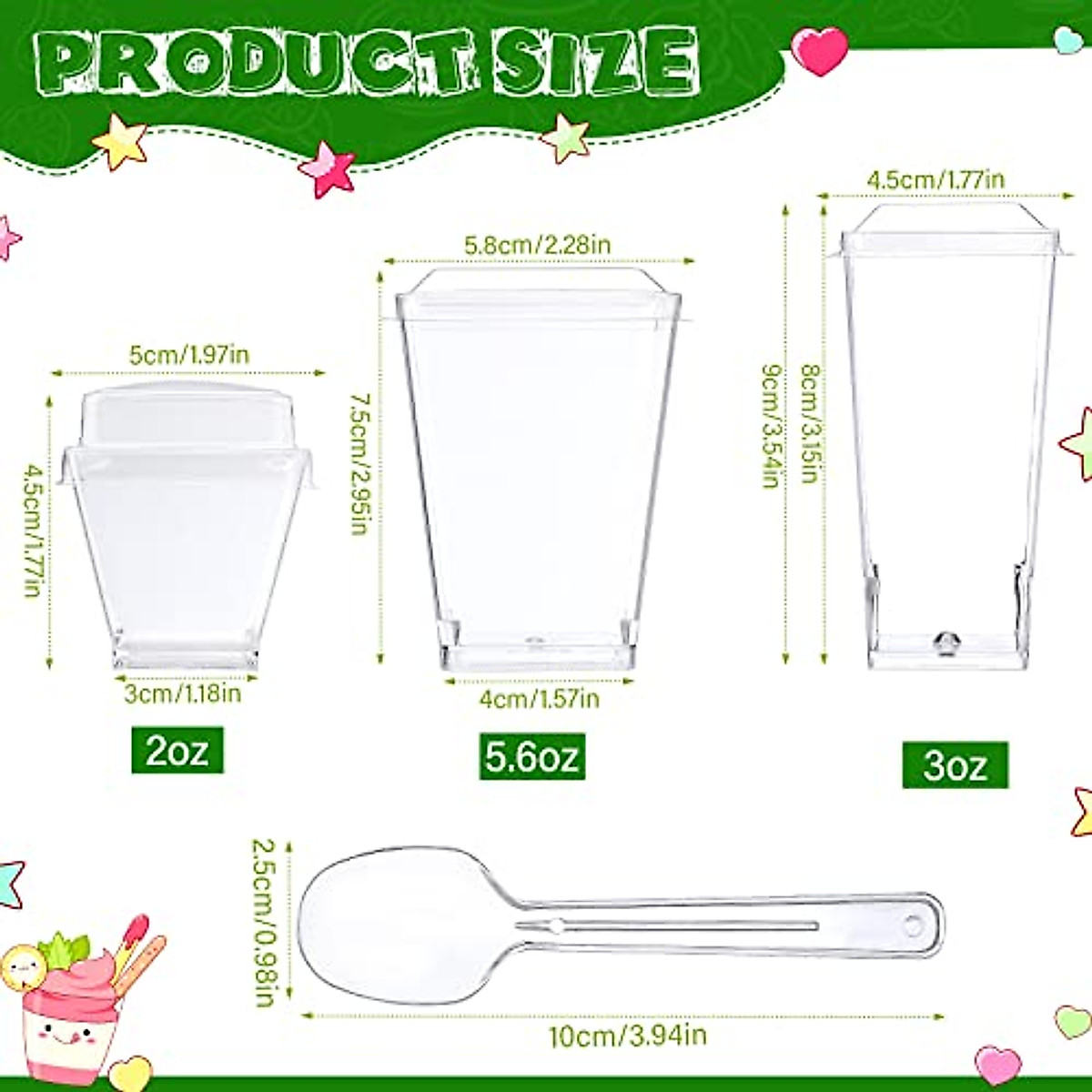 150 Pack 5.6, 3, 2 oz Mini Square Dessert Cups with Lids and Spoons Clear Plastic Parfait Cups Disposable Appetizer Cups Small Dessert Shooter Cups for Serving Party Pudding Fruit and Ice Cream