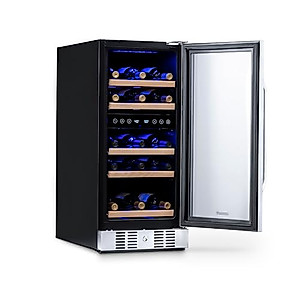NewAir 15" Built-in or Freestanding 29 Bottle Dual Temperature Zone Wine Fridge, Quiet Operation Wine Cooler with Beech Wood Shelves, Stainless Steel Wine Cellar for Red, White, and Sparkling Wine