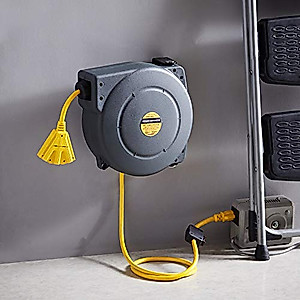 AmazonCommercial Extension Cord Reel Heavy Duty Retractable 12AWG x 40' Feet Industrial Grade 3C/SJT Cable with Triple Tap Connector and Swivel Bracket Power Rating 15A 125VAC 1875W 60Hz, Black