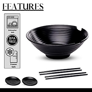 MORGY Unbreakable Set of 2 Ramen Bowls with chopsticks and Spoons- 42 OZ Japanese Style Black Noodle Soup Bowls Set- Asian Soup Bowl for Ramen, Pho, Salad, Poke, Soup, Chopstick Holders