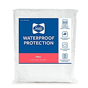 Sealy Waterproof Protection Fitted Toddler and Baby Mini Crib Mattress Pad Cover Protector, Noiseless, Machine Washable and Dryer Friendly, 38" x 24" - White