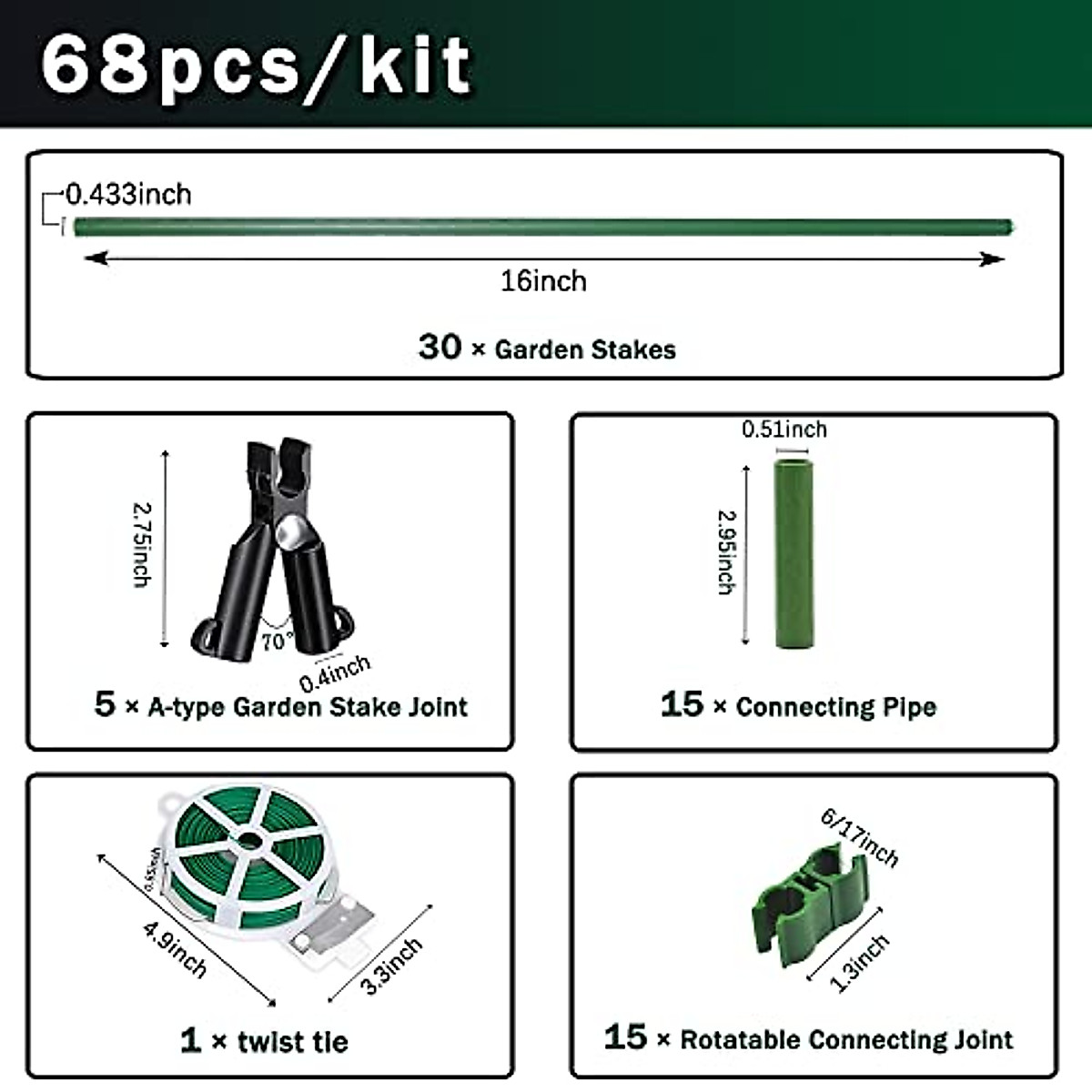 7/16" Garden Stakes,30pcs 16" Plant Stakes DIY 3ft 4ft 5ft 6ft Plant Support Sticks,Plant Support Stake with Sturdy Steel Core to Build Plant Trellis for Outdoor Garden Vegetables