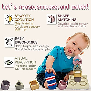 HETOMI Baby Soft Nesting Sorting Stacking Toys Silicone Teething Blocks Shapes Recognition Learning Development Toys for Toddler 3+ Months(Beige)