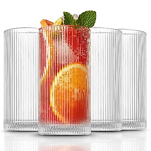 Mfacoy Glass Cups Vintage Glassware Set of 4 Large, Origami Style Transparent Cocktail Drinking Glasses Set, Bar Beverages Ice Coffee Cup Juice Ripple Drinkware, 13 Ounce