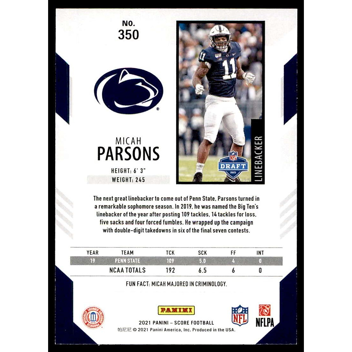 WASOTO 2021 Score #350 Micah Parsons Penn State Nittany Lions Rookie Football Card Y
