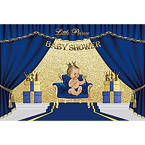 DORCEV 8x5ft Royal Little Prince Baby Shower Photography Backdrop Blue Curtain Carpet Gold Crown Background for Royal Newborn Baby Shower Party Supplies Photo Studio Props