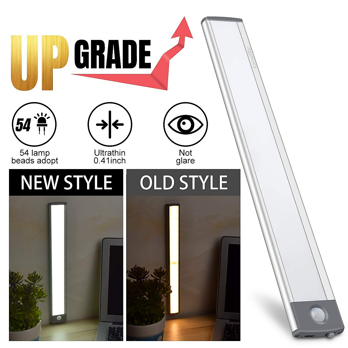 LED Motion Sensor Cabinet Light,Under Counter Closet Lighting, Wireless USB Rechargeable Kitchen Night Lights,Battery Powered Operated Light,54-LED Light for Wardrobe,Closets,Cabinet,Cupboard(2 Pack)