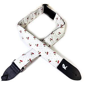 Cherry Guitar Strap, Cherries on White, Genuine Leather Ends, Includes 2 Strap Locks & 1 Pick. Adjustable Strap, Pick Pocket, For Bass, Electric & Acoustic Guitars Gift for Guitar Players, Women & Kid