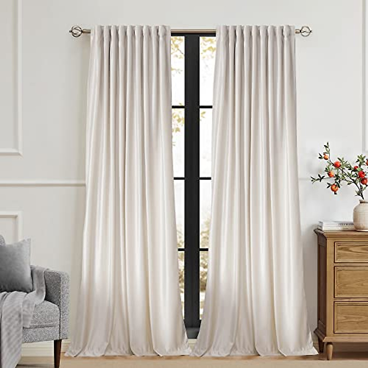 100% Blackout Ivory Off White Velvet Curtains 84 inch Long for Living Room,Set of 2 Panels Liner Rod Pocket Back Tab Thermal Window Drapes Room Darkening Heavy Decorative Curtains for Bedroom