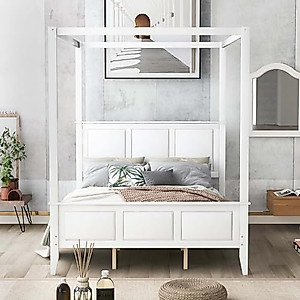 AMFSQJ Queen Size Canopy Bed Frame with Headboard and Footboard, White Canopy Platform Bed with Slat Support Leg