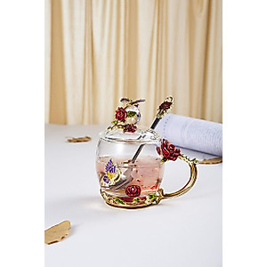 Guon-Wuvl Flower Teacup Transparent Glass Teacup, (With Spoon + Lid), Fancy Tea Cups, Flower Tea Cup,Tea Cup Gift, Gifts for Women,Mother's Day Present，Gift Box. (Rose Red Short Cup)