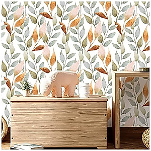Floralplus Peel and Stick Wallpaper Boho Leaf Stick On Wallpaper Removable Textured Wallpaper Pull and Stick Contact Paper for Cabinet Bathroom Nursery Home Decor 17.7in x 118in