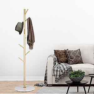 Snaikor Metal Coat Rack with Natural Marble Base, Modern Coat Rack Freestanding, Sturdy Coat Tree Stand, Golden Hall Tree for Jacket Hat Bag Entryway