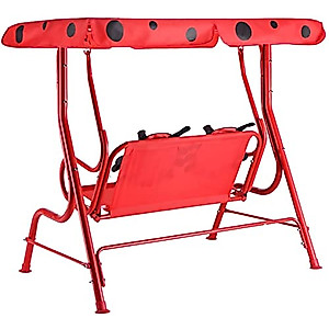 Fireflowery Kids Patio Swing, 2-Seater Outdoor Hanging Swing Bench w/Removable Canopy & Safety Belt, Porch Swing Lounge for Patio Garden Balcony Yard (Red Beetle)