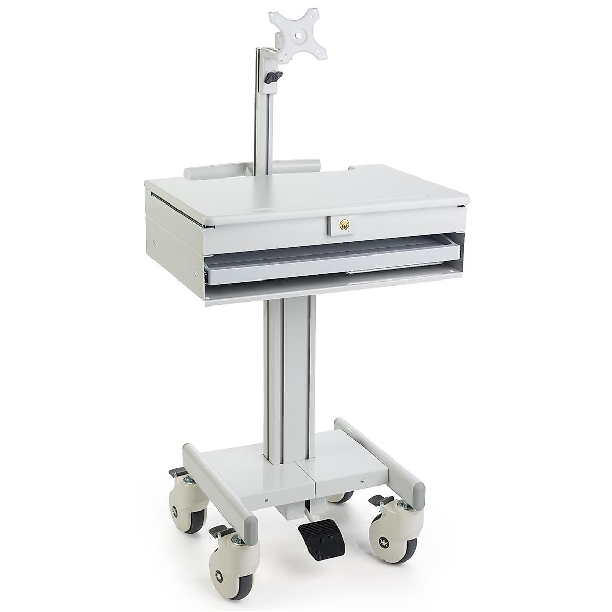 Displays2go Mobile Desk with Monitor Display & Keyboard Tray, Locking Wheels, Steel, Plastic, MDF – Gray (DWMDC1M)