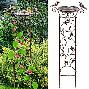YALINKA Bird Bath Bowl with Garden Trellis Outdoor, 2 in 1 Vintage Decorative Birdbaths Bowl for Climbing Plants, Freestanding Garden Plant Support with Detachable Iron Bowl for Patio Yard Lawn (A)