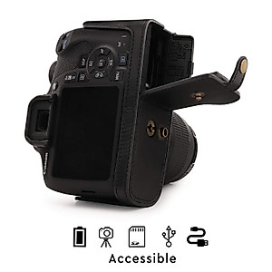 MegaGear MG1607 Ever Ready Leather Camera Case compatible with Canon EOS Rebel T7 (18-55mm), 2000D (18-55mm) - Black