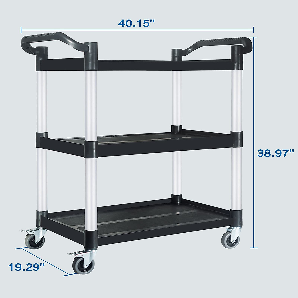 Abacad Plastic Commercial Cart Large Size, Restaurant Cart with Wheels Lockable, Heavy Duty Utility Service Cart for Foodservice, Commercial,Office, Warehouse, Black, 40.15X 19.29x 38.97 inches.