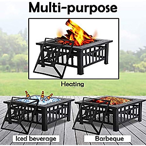 Outdoor Fire Pit,32 inch Square Metal Firepit for Patio Wood Burning Fireplace Garden Stove with Poker Mesh Cover,Charcoal Rack for Camping Picnic Bonfire Backyard