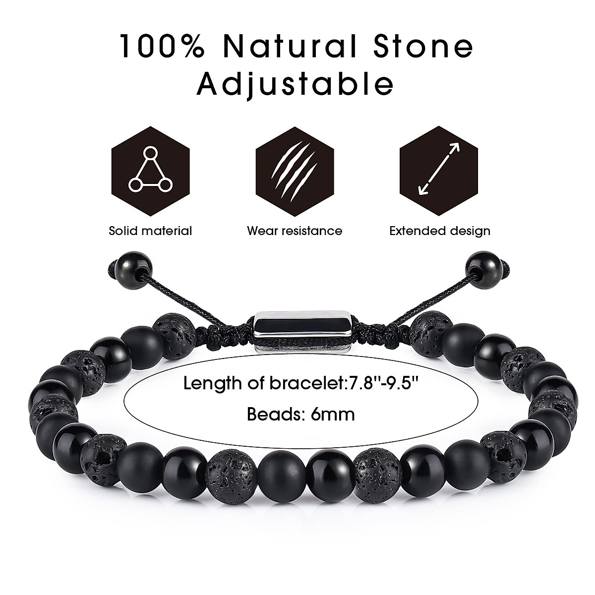 CARITATE Black Beaded Bracelets for Men Boys - 6mm Obsidian Onyx Lava Beads Mens Bracelet Set Mens Jewelry - Cool Anniversary Valentines Fathers Birthday Gifts for Him Boyfriend Husband Man Son Dad