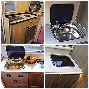 RV Sink Kitchen Bar Sink RV Stainless Steel Hand Wash Basin Sink with Folded Faucet Tempered Glass Lid Washbasin for Camper, Trailer, Caravan, RV, Home, Cafe, Bar, Boat