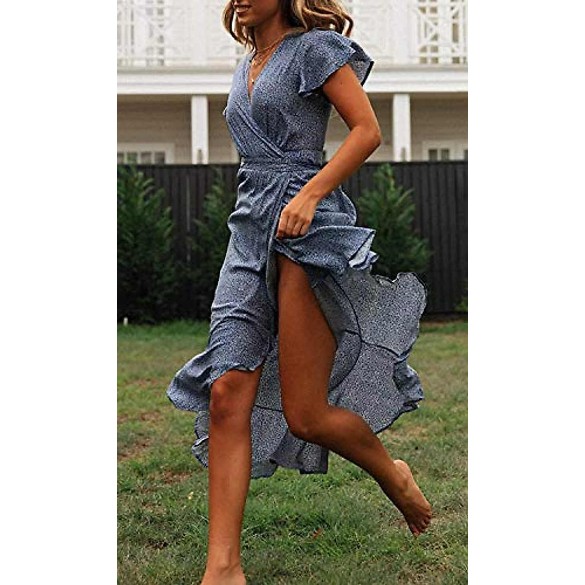 ZESICA Women's 2023 Bohemian Floral Printed Wrap V Neck Short Sleeve Split Beach Party Maxi Dress,Light BlueFloral,Small