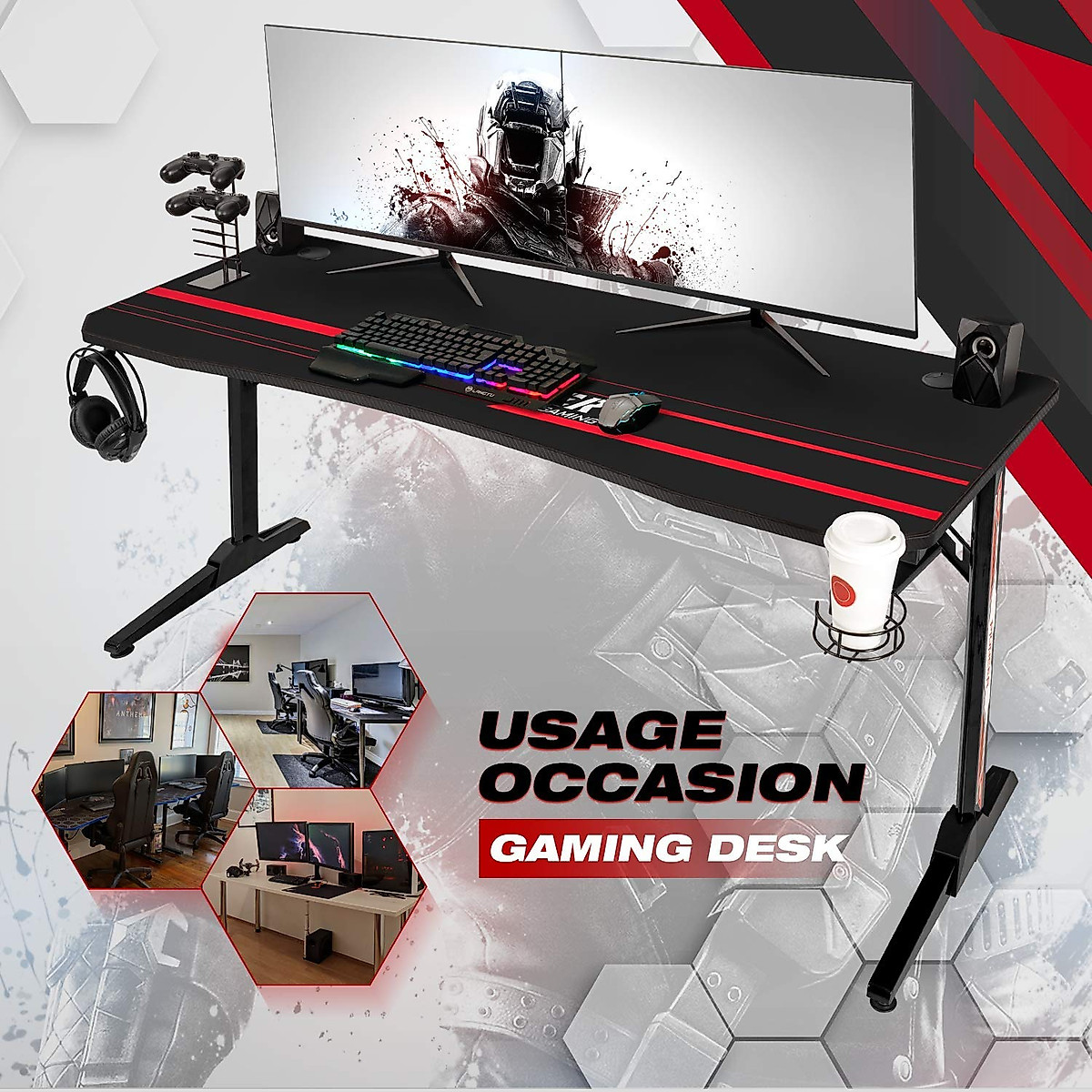 Devoko 55 Inch Gaming Desk T-Shaped PC Computer Table with Free Mouse Pad Carbon Fibre Surface Home Office Desk Gamer Table with Game Handle Rack Headphone Hook and Cup Holder (Black)
