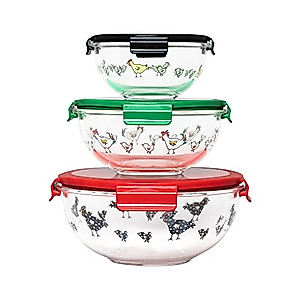 GENICOOK Borosilicate Glass Meal and Food Storage Container, Round Shape, 6 pc Set (3 Containers - 3 Lids), Farm-style Rooster Design