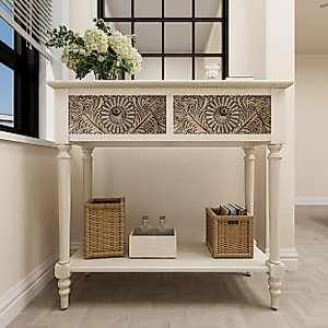 Koncemel Console Table with Drawers, Farmhouse Entryway Table with Storage Shelves, Sofa Table with Carved Long for Living Room, Hallway, Entryway