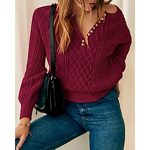 KIRUNDO Womens Sweaters 2024 Fall Winter Henley Long Sleeve Button Crew Neck Cable Knit Loose Cropped Sweater Pullover(Jujube Red, Large)