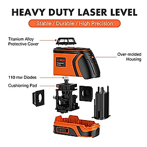 DOVOH High Visibility Laser Level Outdoor: Heavy Duty 3x360° Self Leveling Laser Levels for Construction Up To 197ft Long Range 110mw Diodes Green 12 Line Laser Leveler 3D Rechargeable, H3-360G