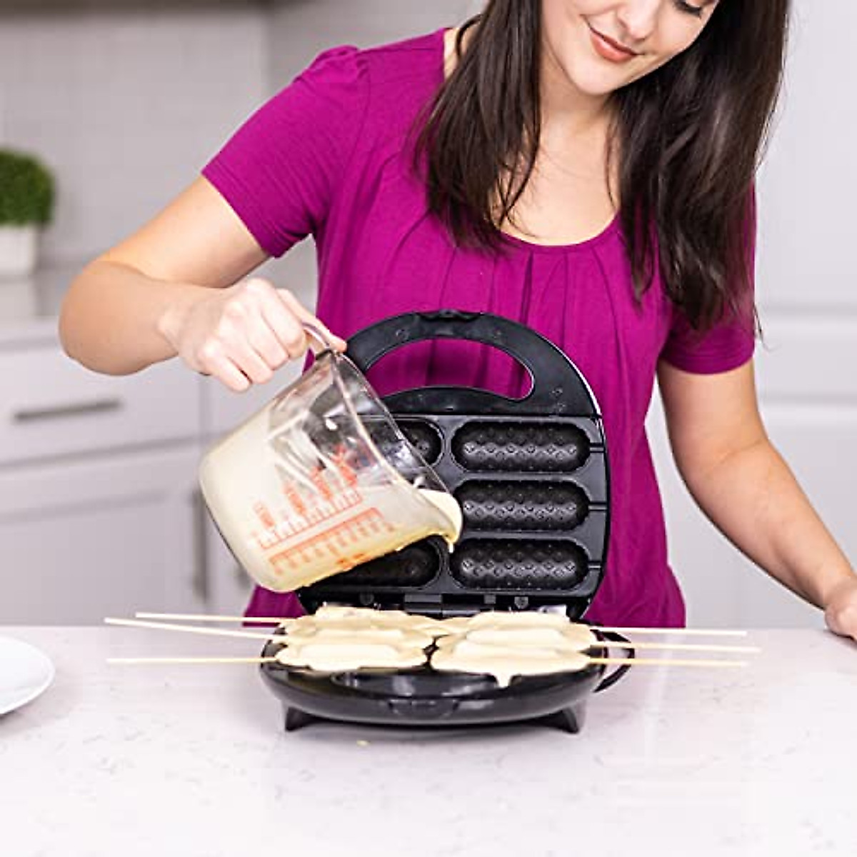 Lumme Waffle Corn Dog Maker Cheese on a stick, Corn Dog Sticks Included, Family Fun experience quick and easy mix any batch 6 corn dog maker non-stick Plate perfect for birthday parties Black