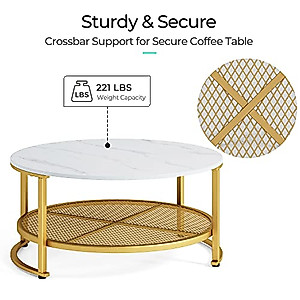 LINSY HOME Round Coffee Table for Living Room, Modern Coffee Table with Open Storage，Wood Surface Top & Sturdy Metal Legs Large Circle Coffee Table for Stylish Design Home，White and Gold