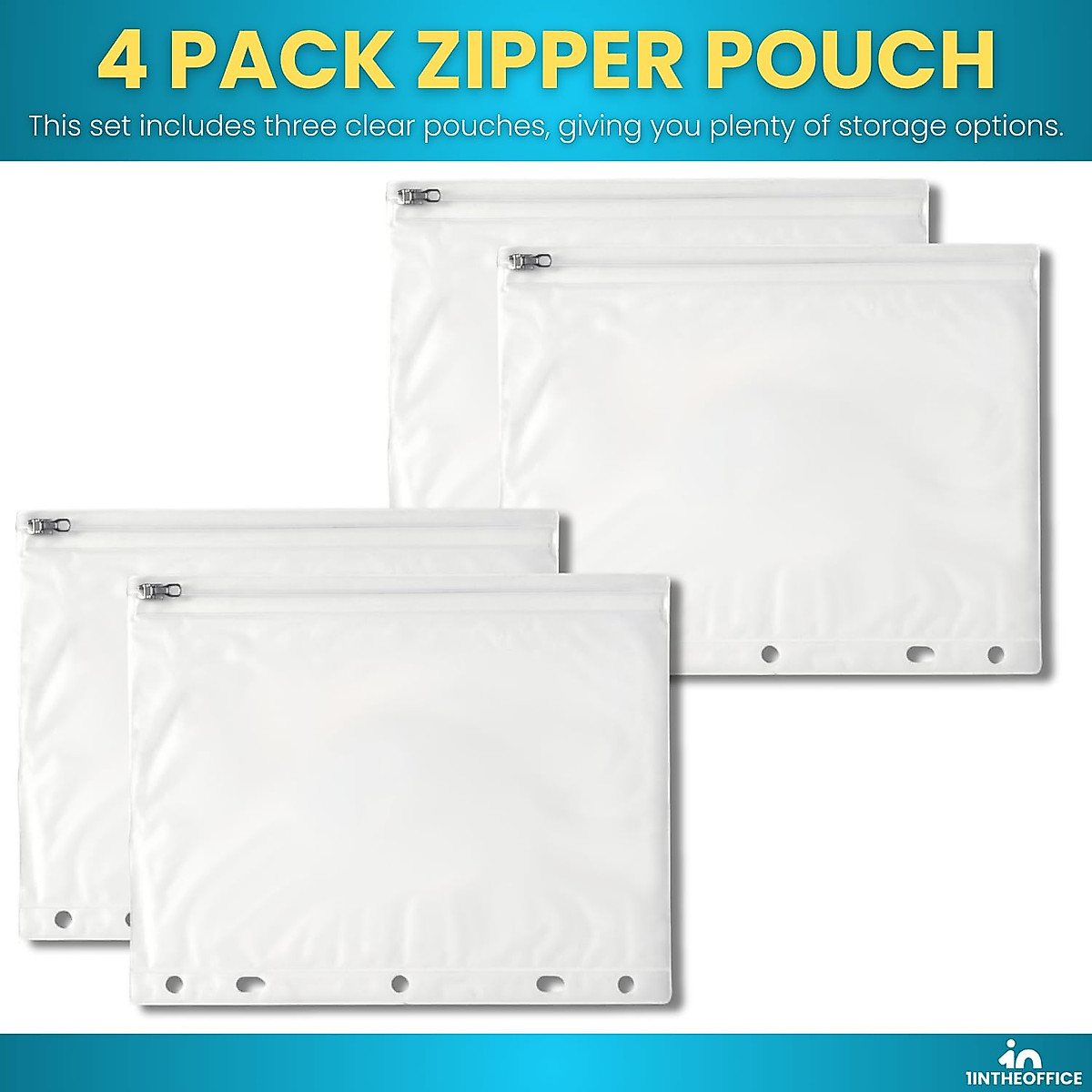 1InTheOffice Pencil Pouch for 3 Ring Binder, Binder Pencil Pouch, Zipper Pencil Pouch, 10" x 8", Clear, 4 Pack