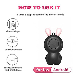 Portable Rabbit-Shape Locator Mini Anti-Loss Device Waterproof Bluetooth 5.0 Mobile Tracking Bluetooth GPS Locator for Pet Keychain Bag, Black, 1PC