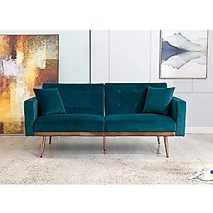 SLEERWAY Velvet Futon Sofa Bed with 5 Golden Metal Legs, Sleeper Sofa Couch with Two Pillows, Convertible Loveseat for Living Room and Bedroom, Teal
