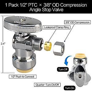 1/2/5/10/20pcs Stop Valves, 1/2" × 3/8" Angle Stop Valve, 1/2" PTC Input, 3/8" OD Compression Output, Push to Connect, 1/4 Turn, Chrome Plated Brass for Faucet, Toilet Valves, No Lead (2pcs Angle)