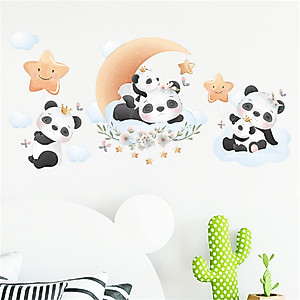 Cute Panda & Moon Wall Decals,Peel and Stick Removable Animal Wall Stickers for Kids Children Bedroom Nursery Home(11.8x35.4in)